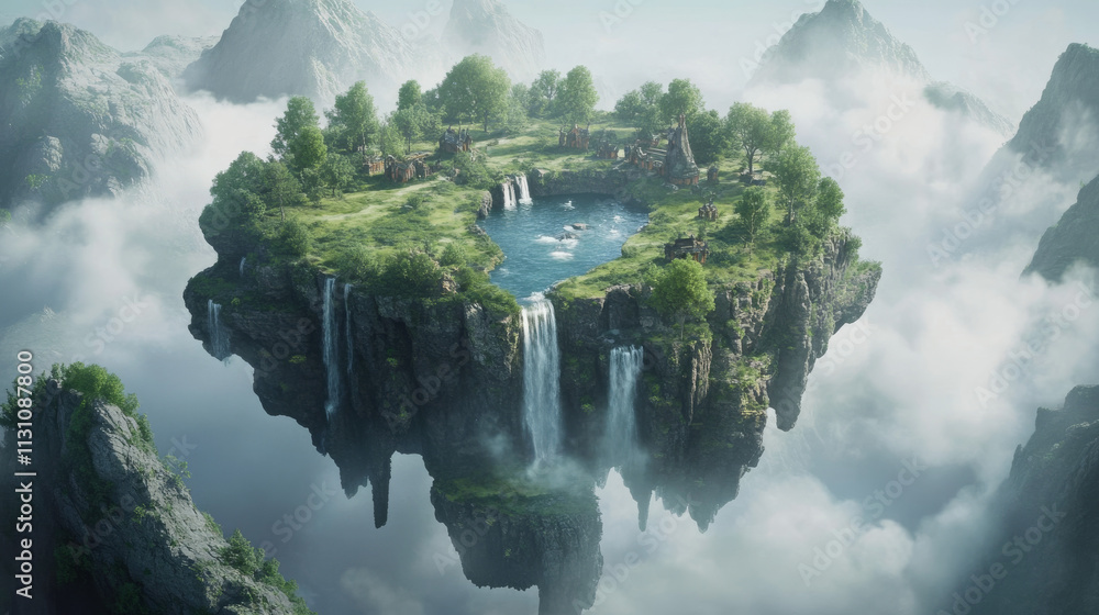Game ui level map with floating islands with river and waterfall, green ...
