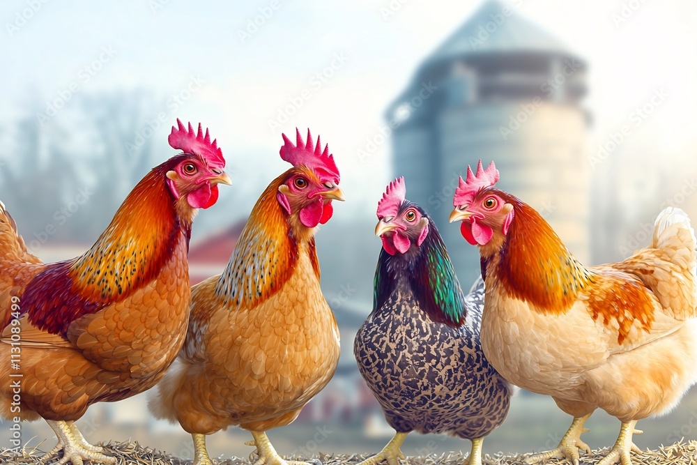 Vibrant and Curious Flock of Chickens Pecking in Rustic Farmyard with ...