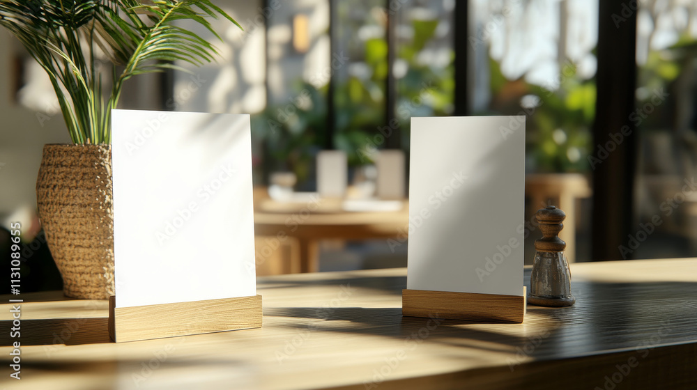 Mockup of menu card in table holder. Wooden stand for display paper ...