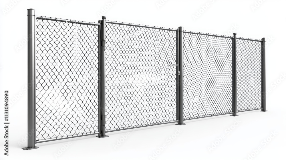 Fence mesh from wire, metal grid with gate. Steel fencing segments ...