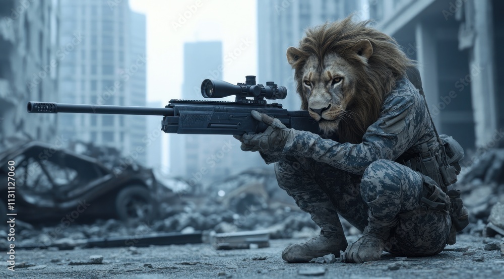 A lion in military attire crouches with a sniper rifle in a post ...