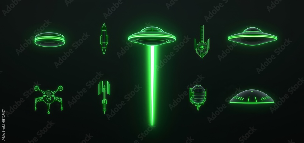UFO spaceship with 3D beam effect. Space alien saucer ship technology ...