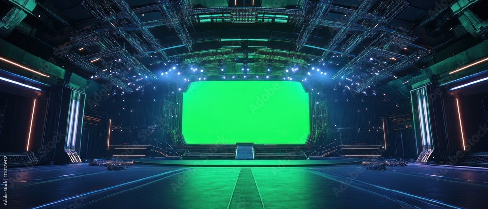 The futuristic concert stage is equipped with a huge green screen, high ...