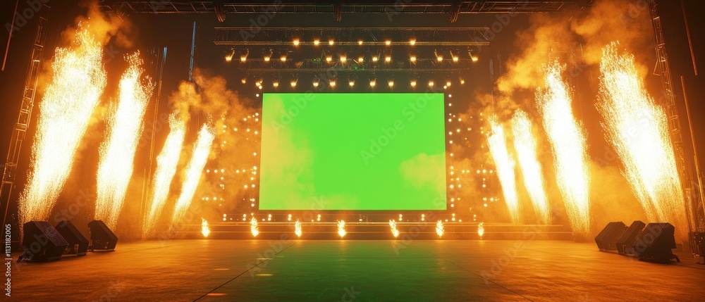 Concert with green screen integrated stage, surrounded by dazzling ...