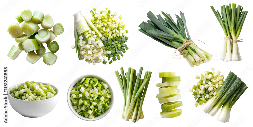 Leek, Scallion, spring onion vegetable plant stem stalk, many angles ...