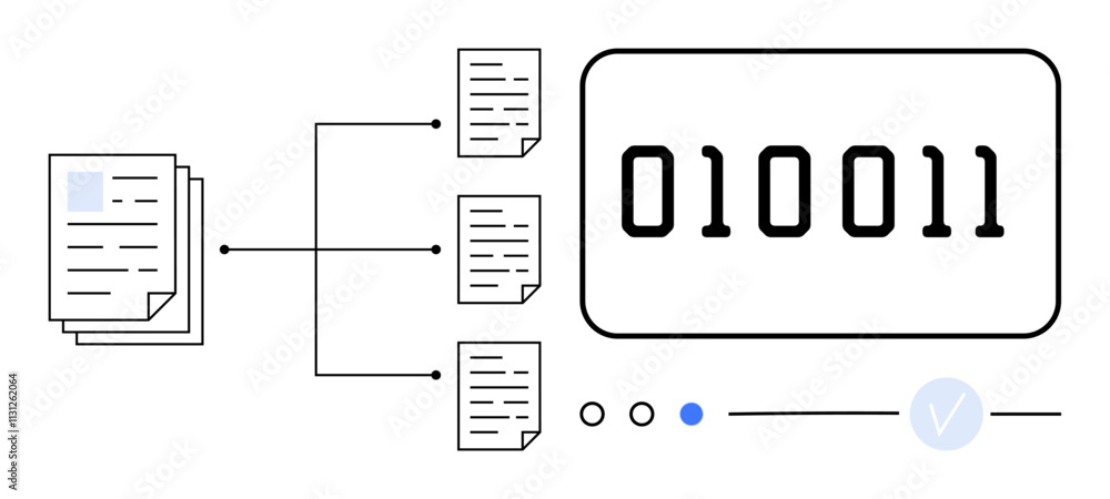 Digital documents connected by flowchart lines to binary code. Ideal for data processing ...
