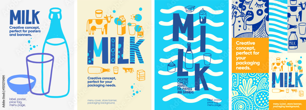 Milk Products. Minimalist and creative milk-themed designs with hand ...