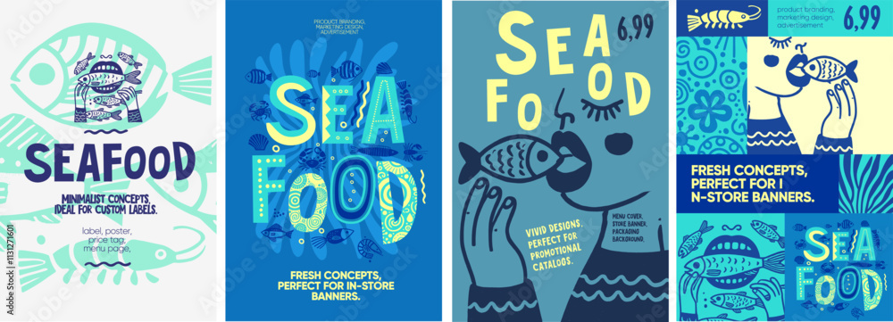 Seafood. Fresh and minimal seafood-inspired designs with playful hand ...