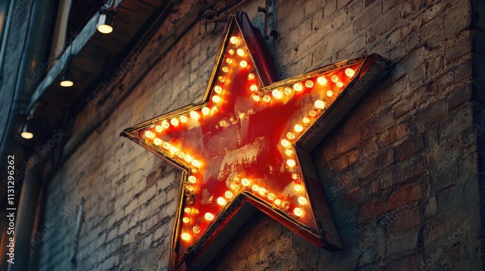 Vintage illuminated marquee star sign on brick wall of classic theater ...