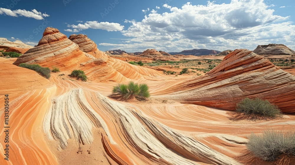 Sedimentary rock formations and colorful layers in undulating desert ...