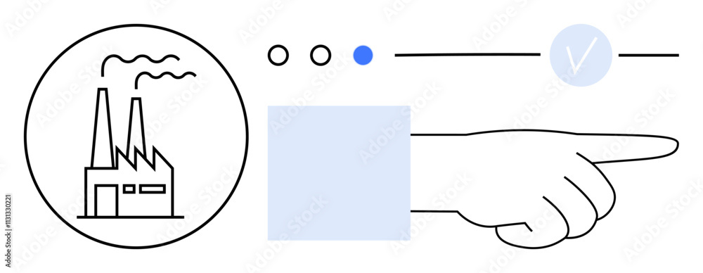 Industrial factory with smokestacks in circle, hand pointing at ...