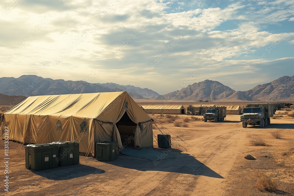 Military base in the desert with tents and cargo trucks under a cloudy ...