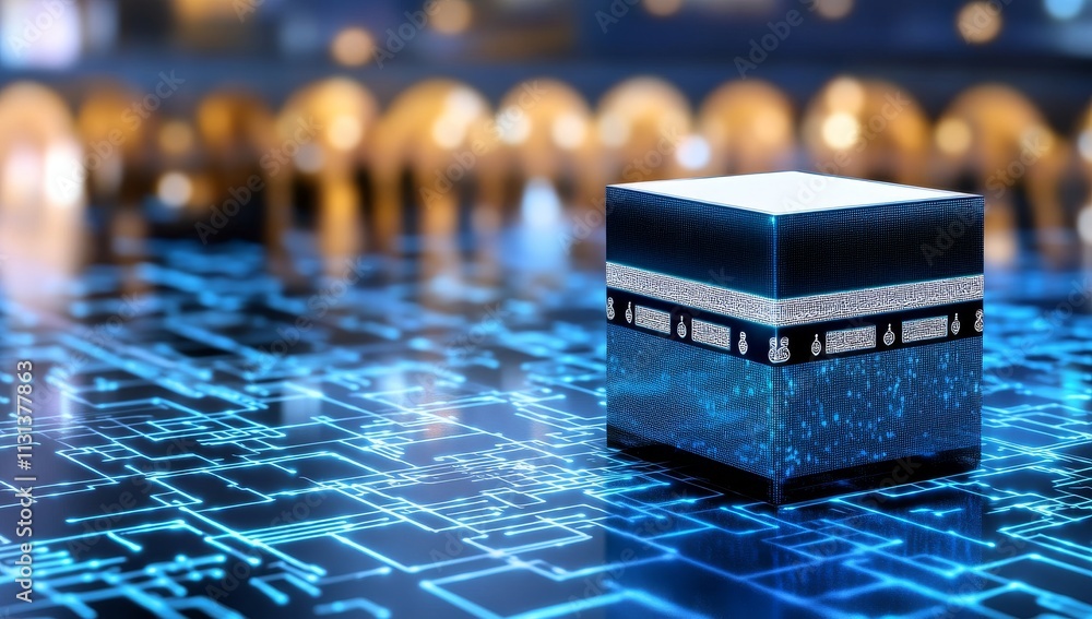 Kaaba in Mecca Made of Blue Digital Lines Representing AI in ...