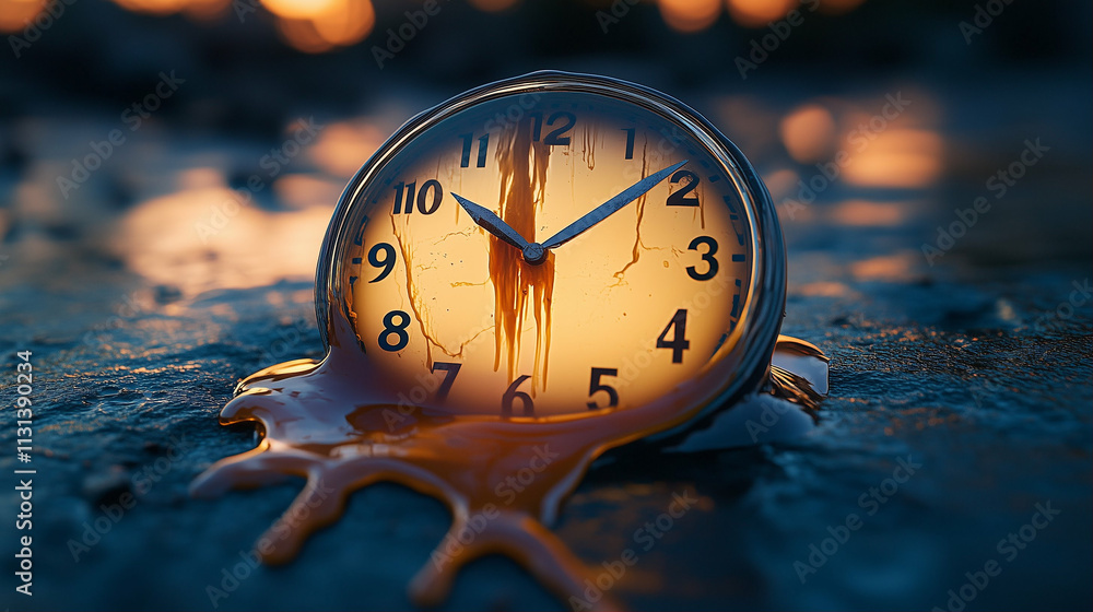 Melting clock symbolizing time distortion in a surreal landscape with ...