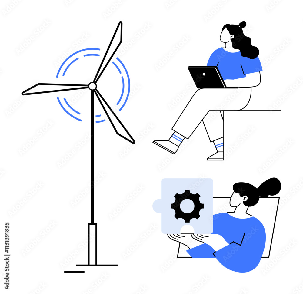 Wind turbine generating energy, person with laptop, person holding gear ...