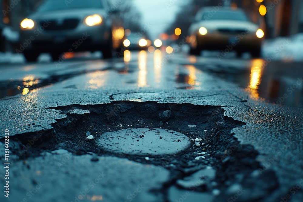 Pothole on city street with cars passing by during a rainy evening ...