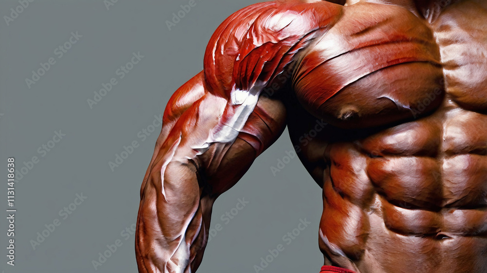 Closeup of muscular arm anatomy showing biceps, forearm, and shoulder ...