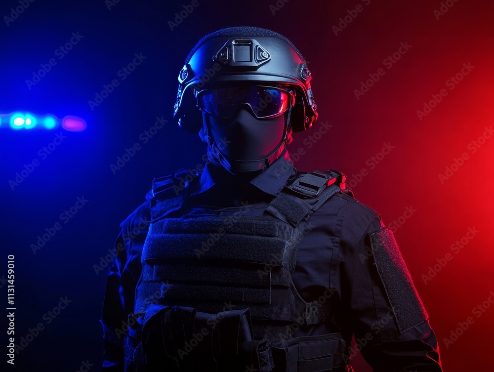 Swat team member wearing tactical gear and helmet in night city ...