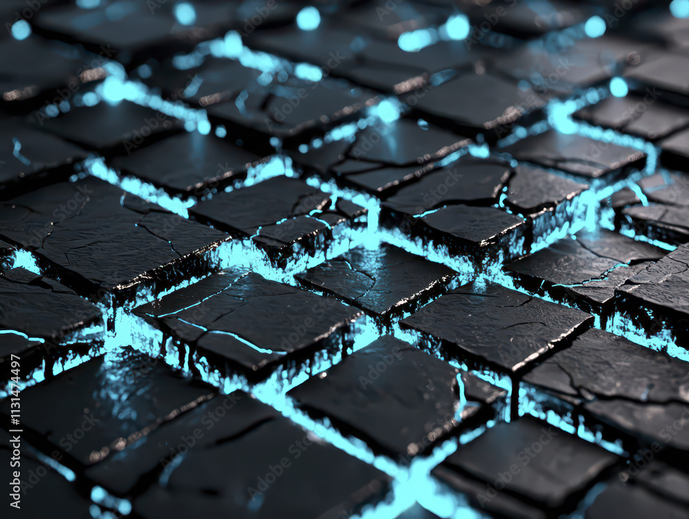Dynamic composition of glowing blue tiles on dark surface, creating ...