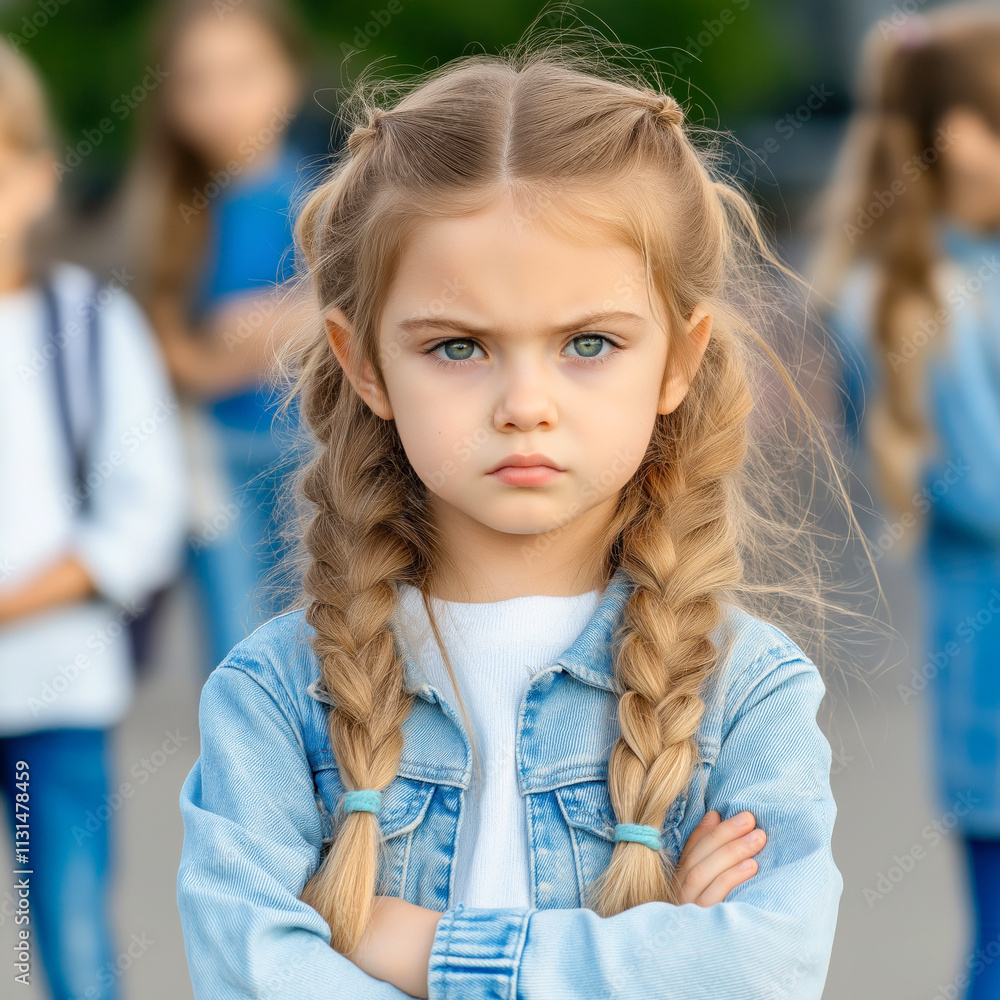 grumpy girl with braided hair standing with her arms crossed in front ...