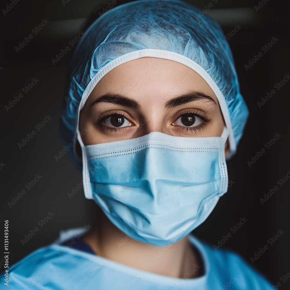 Healthcare professional wearing blue surgical face mask in clinical ...