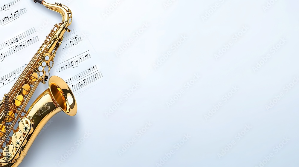 Golden saxophone elegantly placed among musical notes on a clean white ...