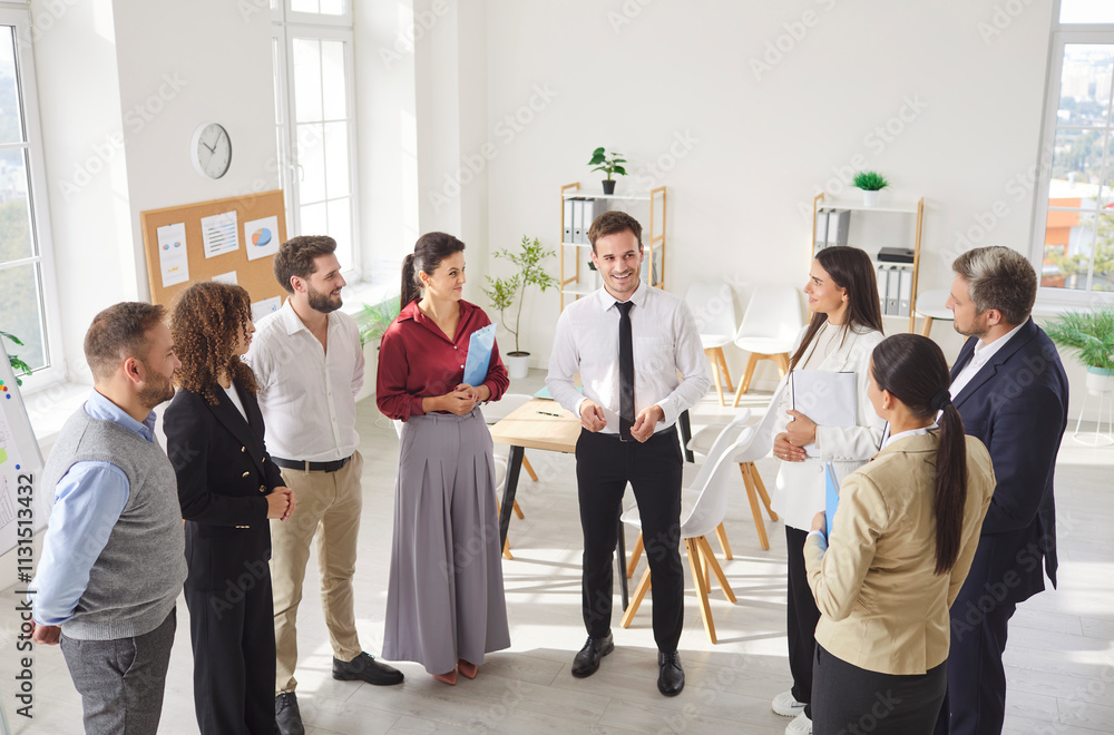 Business people speaking, standing talking in circle, leader presenter ...