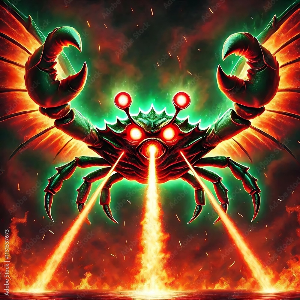Flying flamming green and red crab with lighty red eyes, with big wings ...