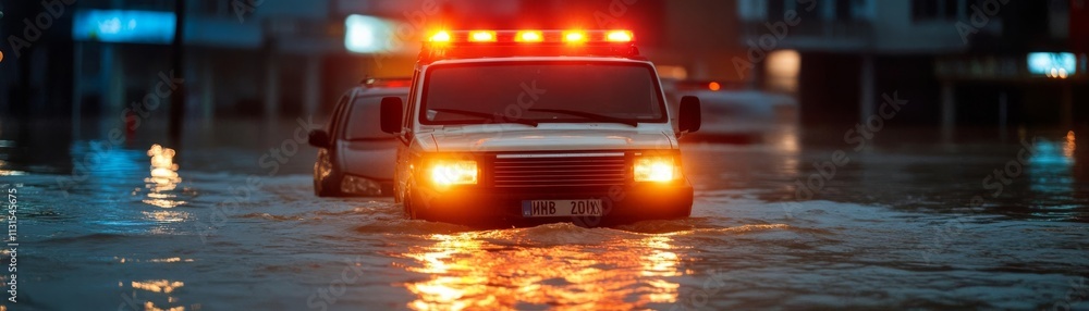 Emergency vehicles navigating flooded roads at night with flashing ...
