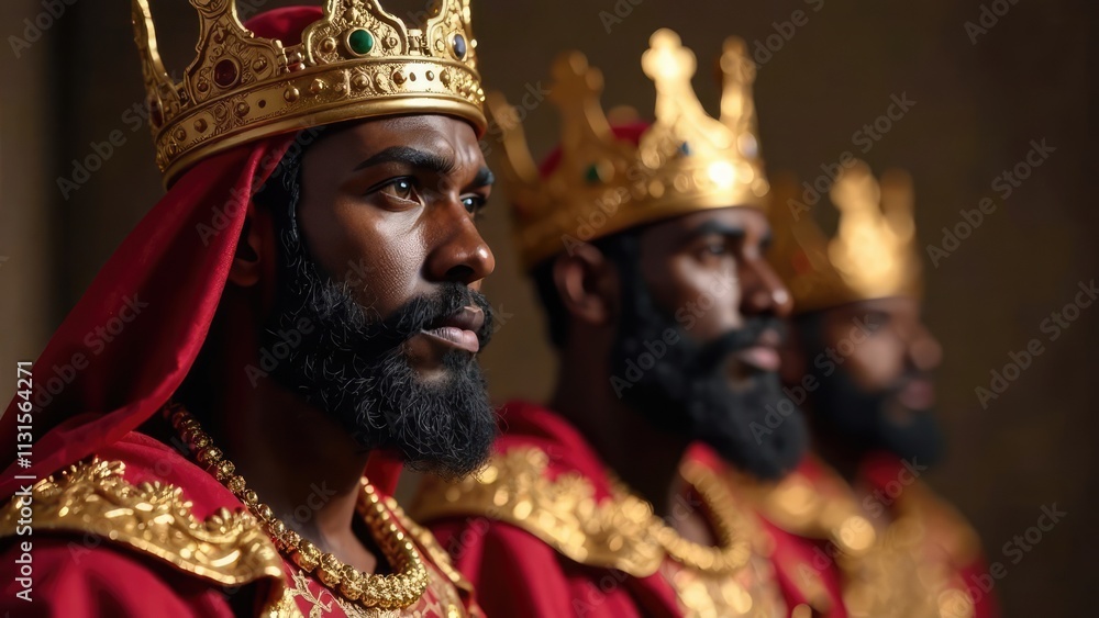 Three regal Black kings, adorned in golden crowns and rich red robes ...