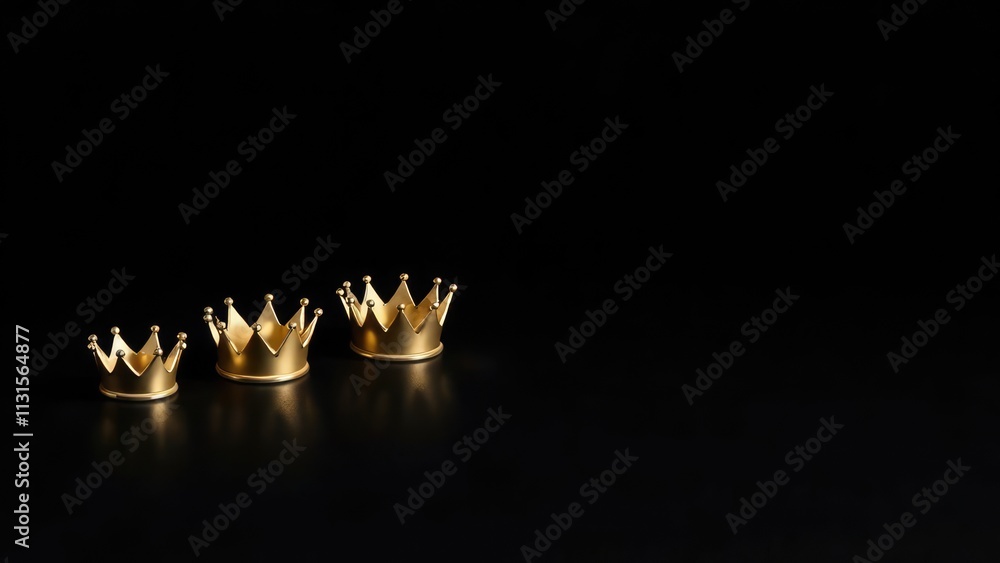 Three gold crowns of varying sizes are arranged in a row on a black ...