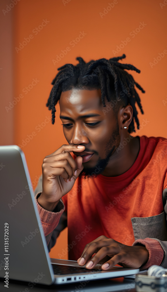 Young african man with dreadlocks working using computer laptop ...