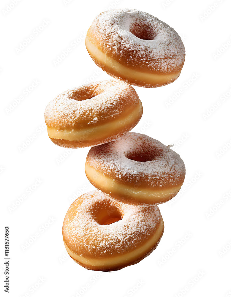 Group of donuts with sugar falling freely in the air on a transparent ...