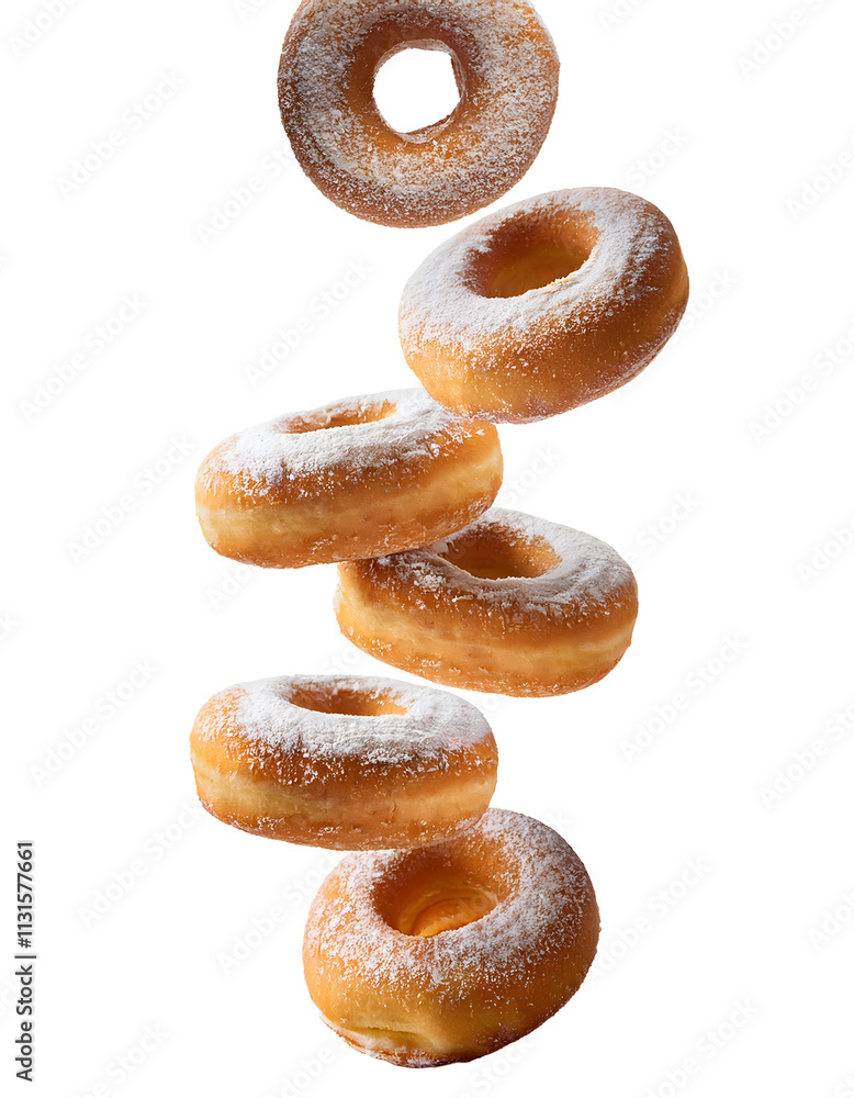 Group of donuts with sugar falling freely in the air on a transparent ...