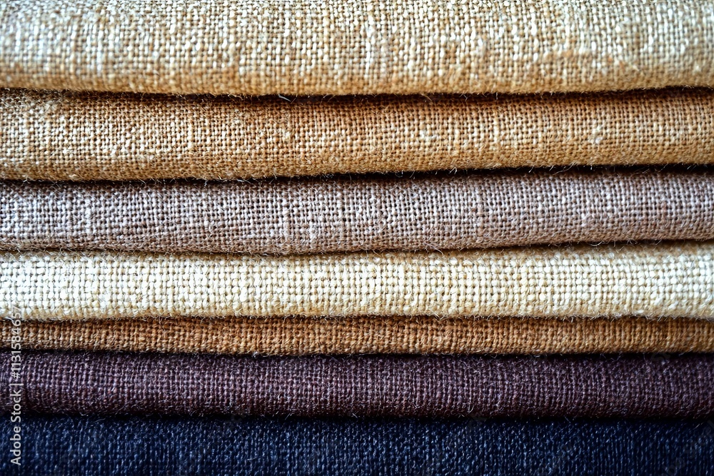Stacked earth-toned fabric layers in various textures and shades. Stock ...
