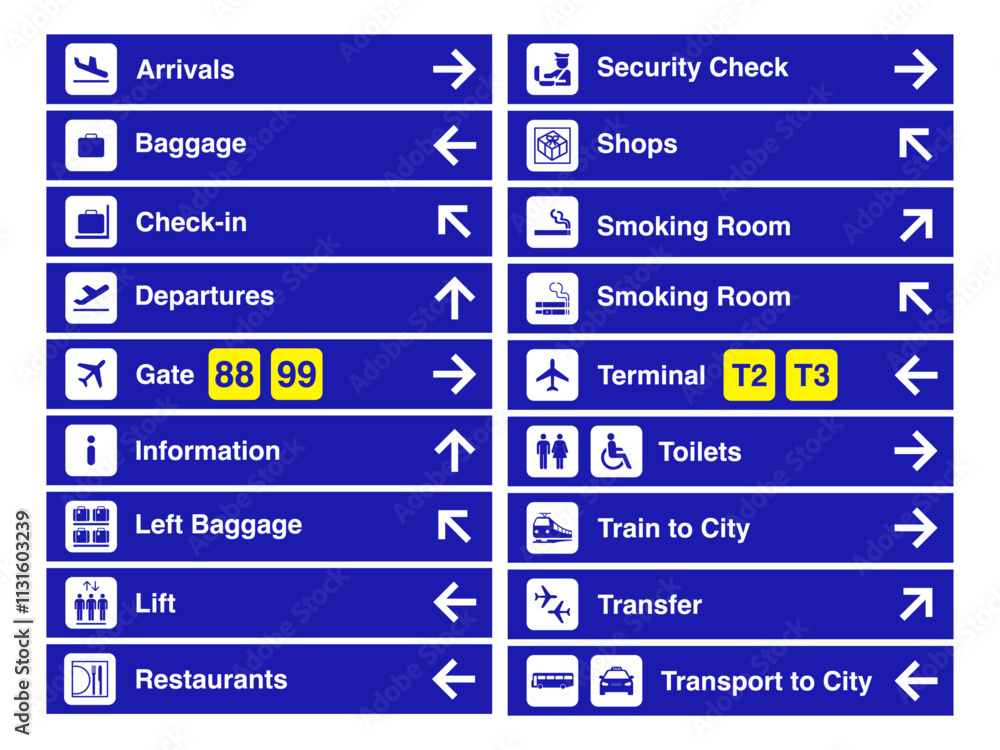 Comprehensive Airport Signage Icons: Departure, Arrival, Transfer ...