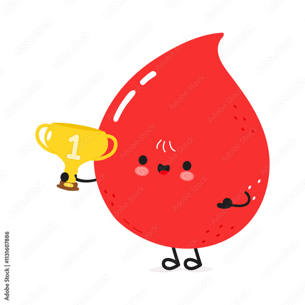 Cute cartoon Blood drop character holding a trophy. Vector hand drawn ...