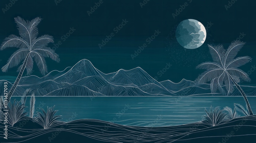 Tropics oasis island line drawing. Abstract tropical landscape ...