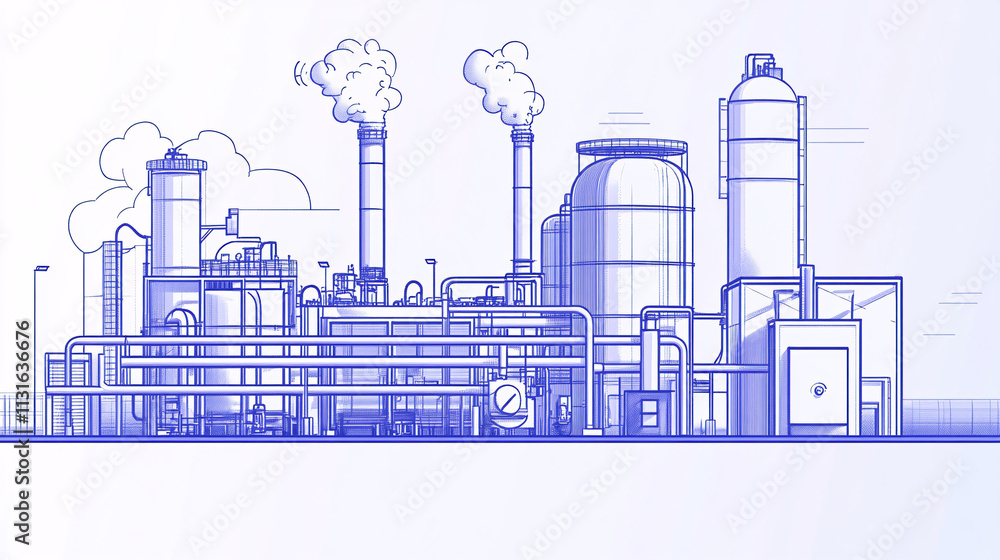 Line art of a futuristic hydrogen fuel cell plant with pipelines and ...