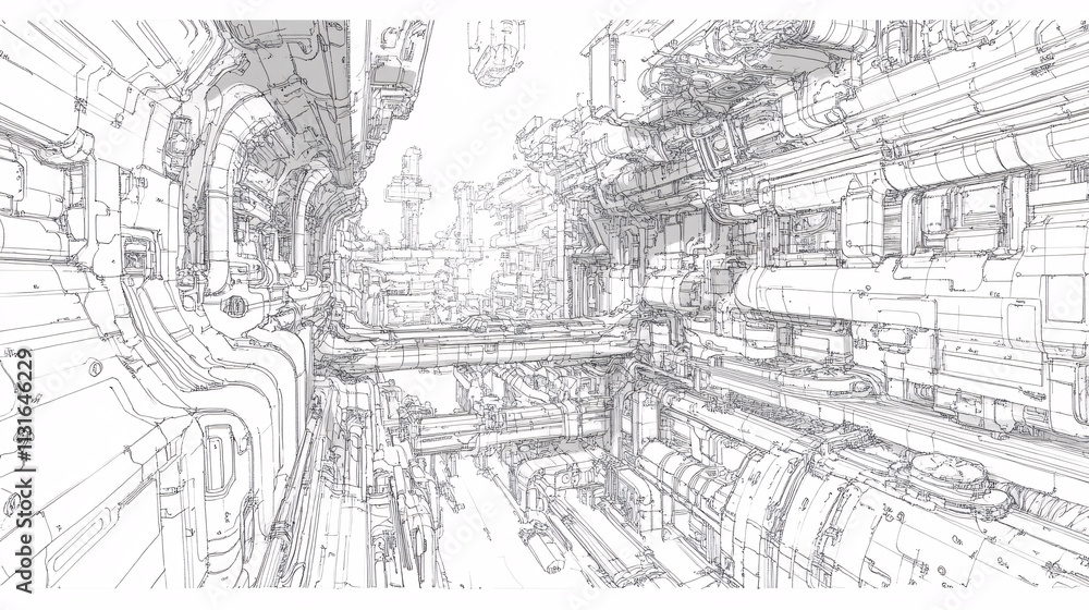 Technical line drawing of an underground city with complex ...