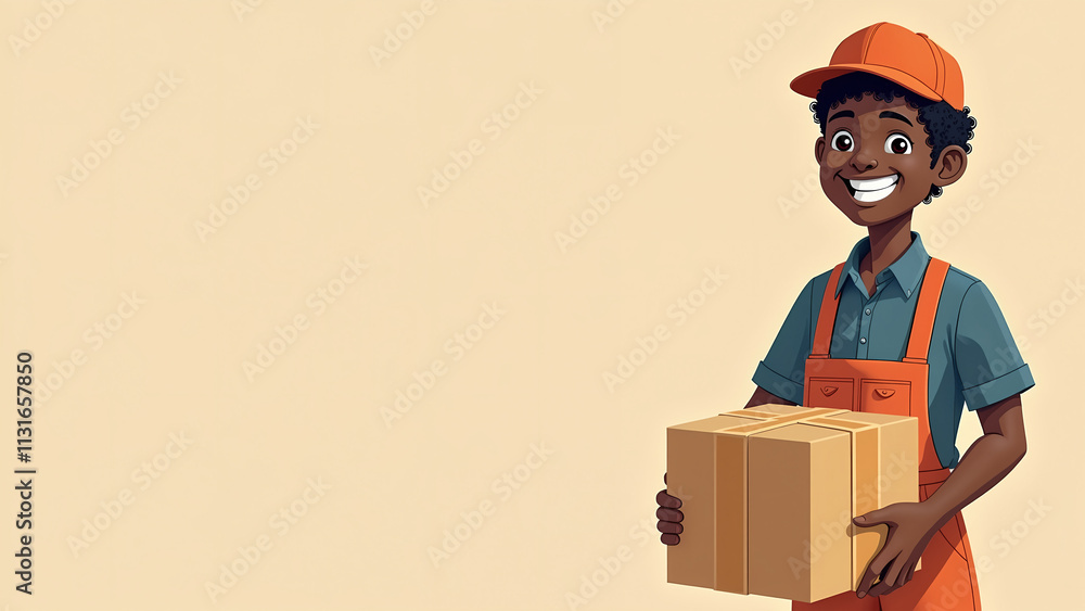 Friendly cartoon Afro American delivery man with curly hair and a smile ...