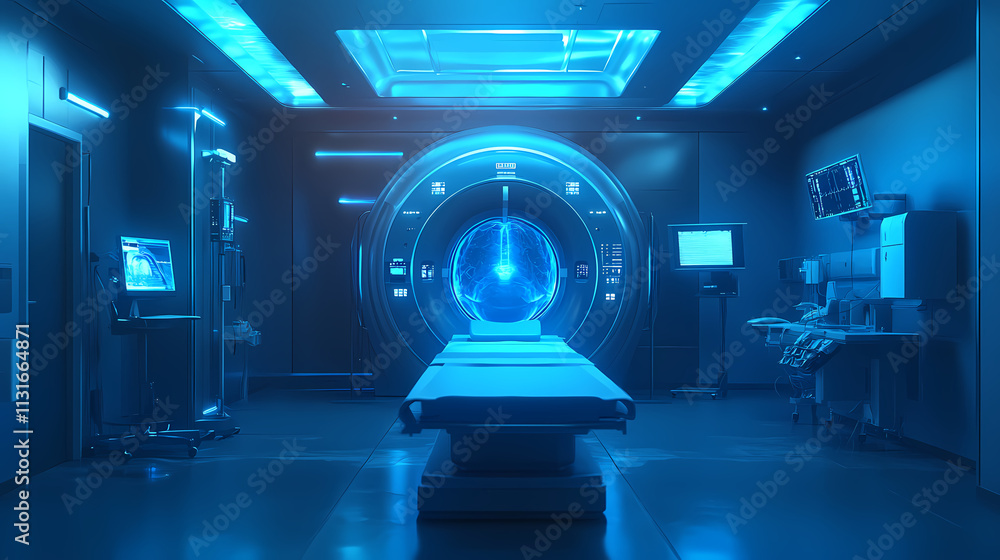 Futuristic hospital with magnetic resonance imaging scan or mri machine ...
