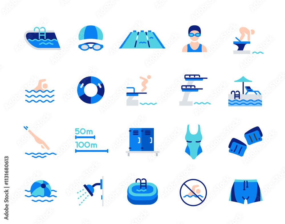 Set of icons related to swimming pool. Colorful signs with swimmer ...