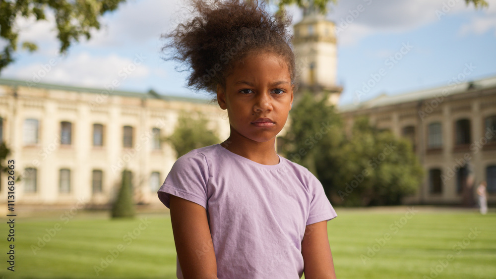 Sad worried frown little girl African American child kid female ...