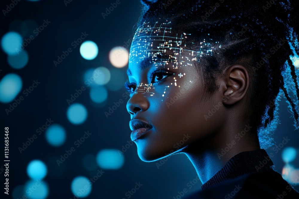 A side view of a woman with a digital holographic overlay on her face ...