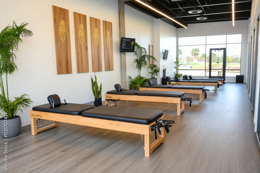 A functional setup of Pilates chairs and reformers in a modern studio ...