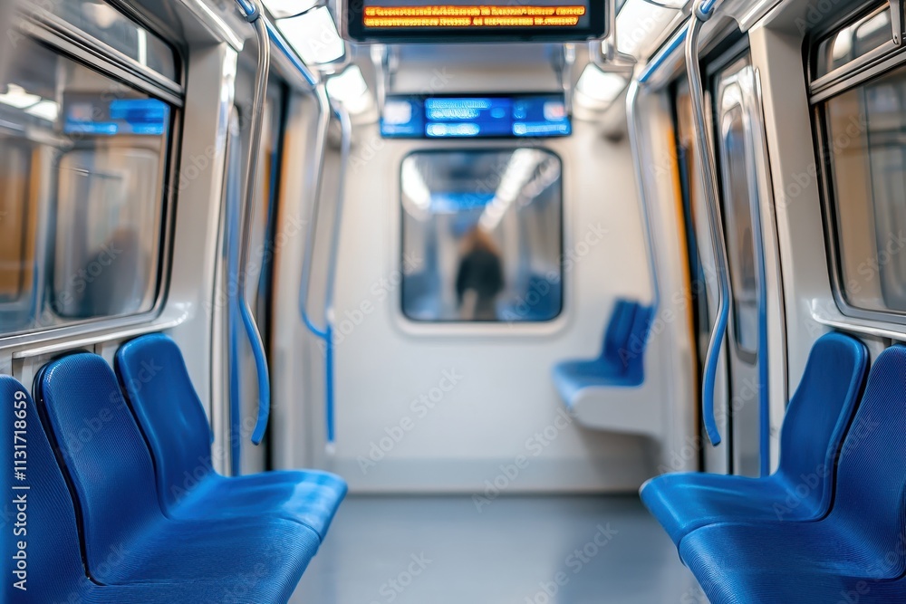 A modern subway car showcases sleek blue seating, providing a glimpse ...
