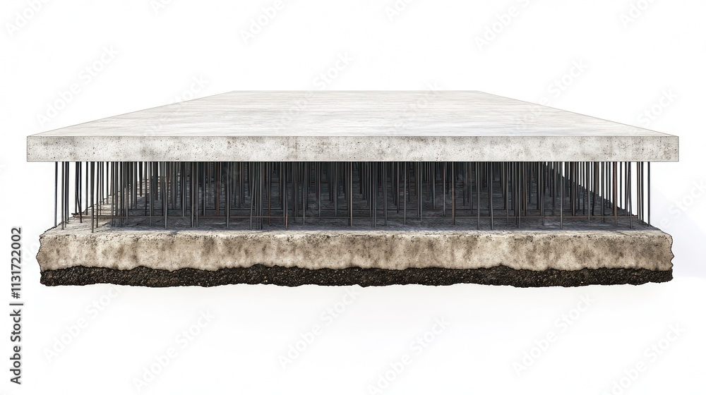 Concrete slab foundation cross-section showing rebar and soil. Stock ...