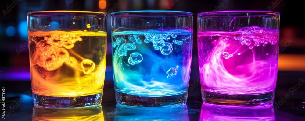 Bright fluorescent dyes mixing in water, creating colorful diffusion ...