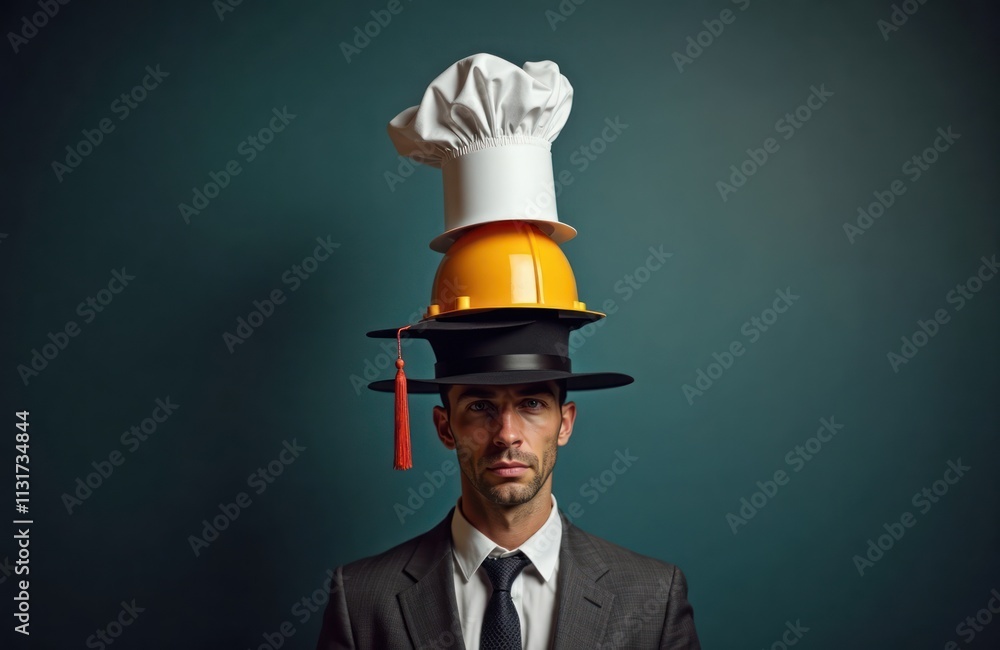 Man wears many hats representing various professions. Chef hat, hard ...